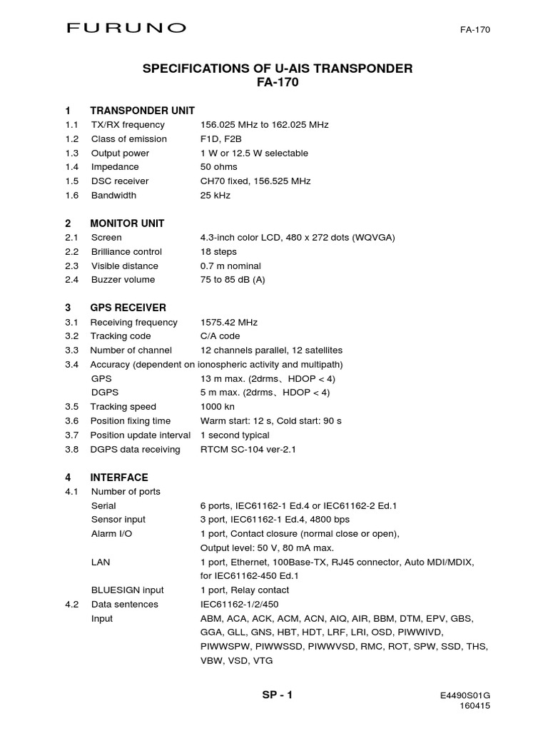 Specificationssp Fa170 U-Ais Transponder | PDF | Global Positioning System | Electricity