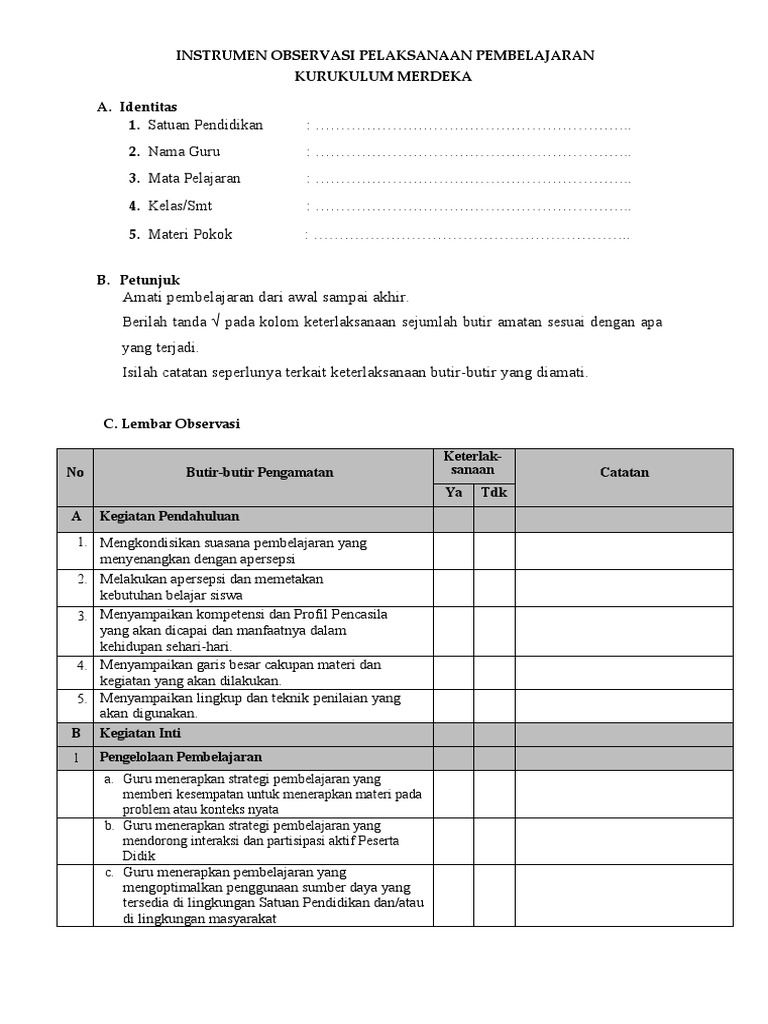 Instrumen Observasi Pelaksanaan Pembelajaran Kurmer 2 | PDF
