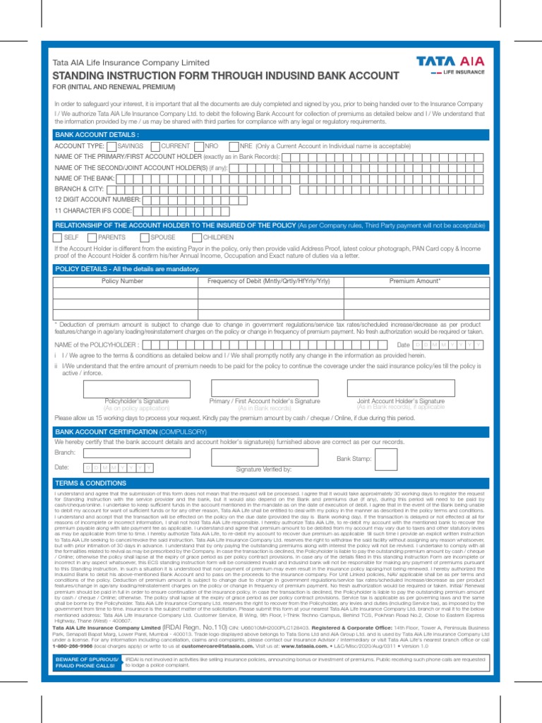 Standing Instruction Form Through IndusInd Bank Account-2 | PDF ...