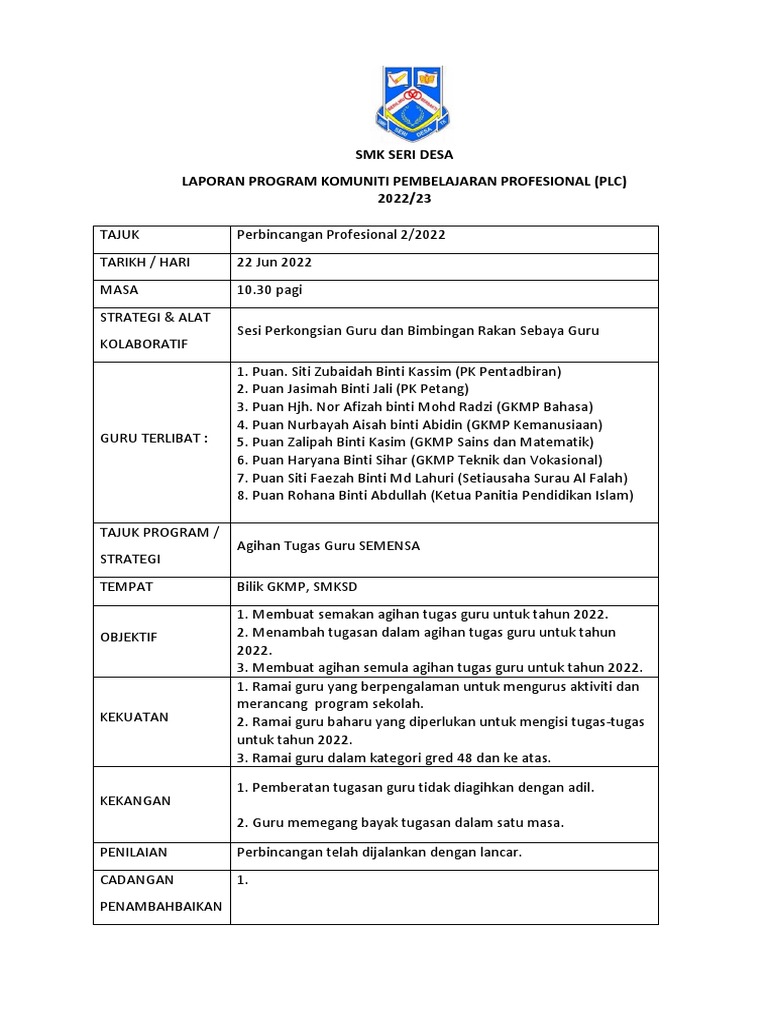 Laporan PLC Perbincangan Profsional 2-2022 | PDF