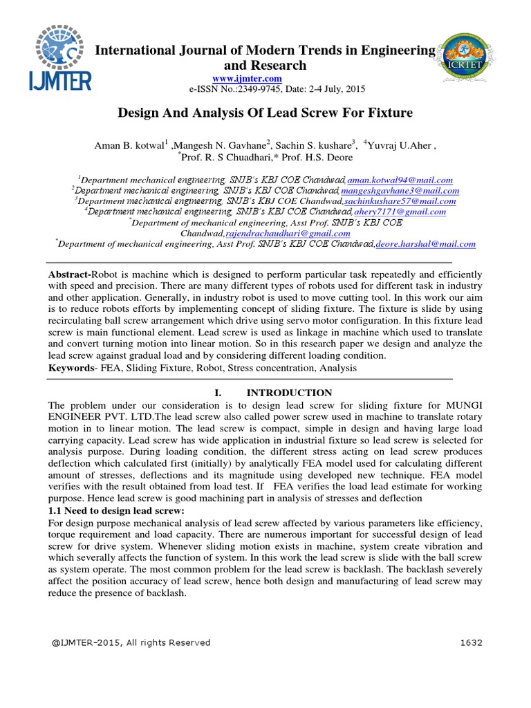Design and Analysis of Lead Screw For Fixture | PDF | Finite Element Method | Stress (Mechanics)