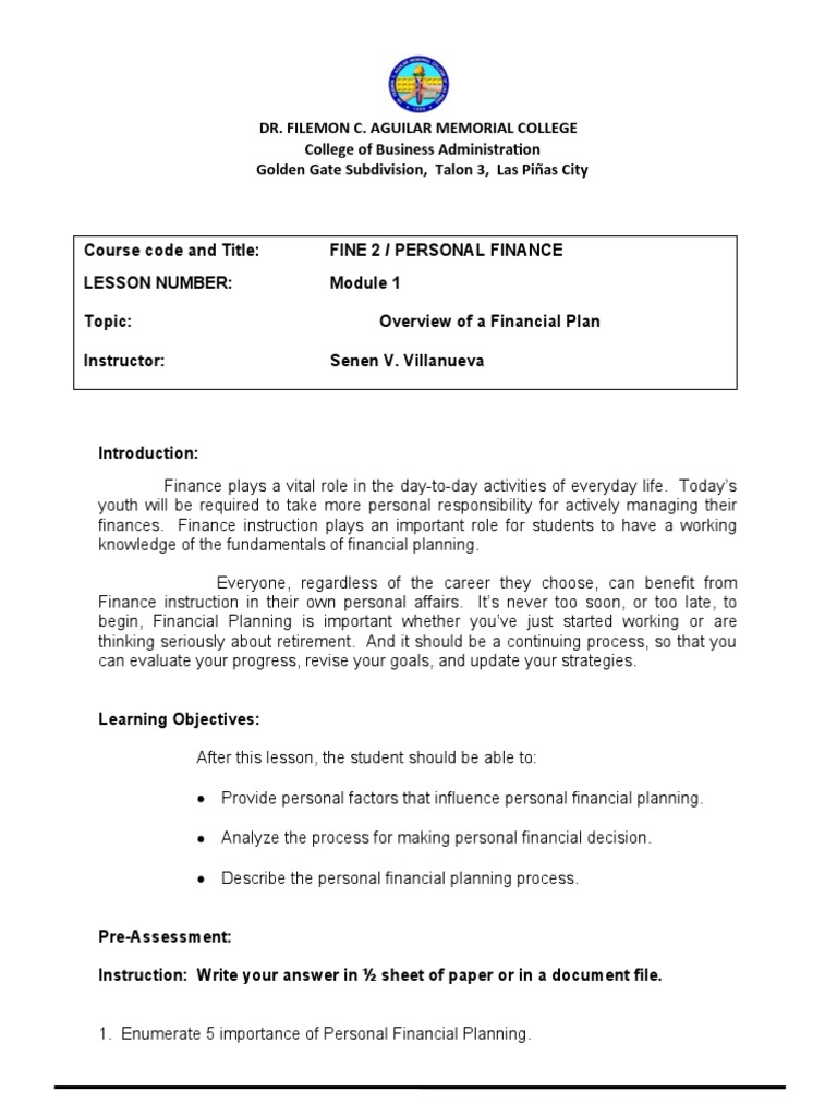 MODULE 1 SVV Personal Finance Students | PDF | Goal | Decision Making