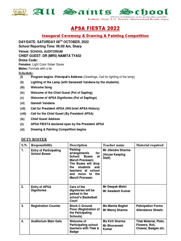 Duty Roster 08102022 Apsa Fiesta 2022 | PDF