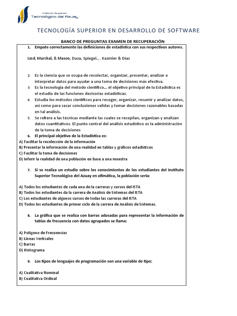 Banco de Preguntas - Estadistica | PDF | Histograma | Estadísticas