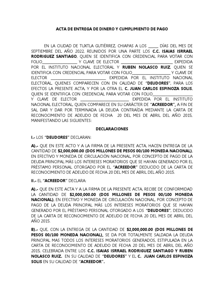 Acta de Entrega de Dinero y Cumplimiento de Pago | PDF | Pagos | Dinero