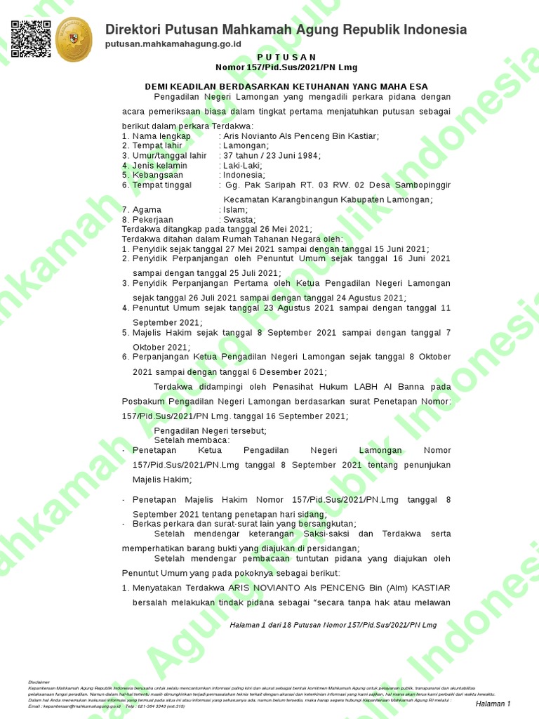 Putusan 157 Pid - Sus 2021 PN LMG 20221017195455 | PDF