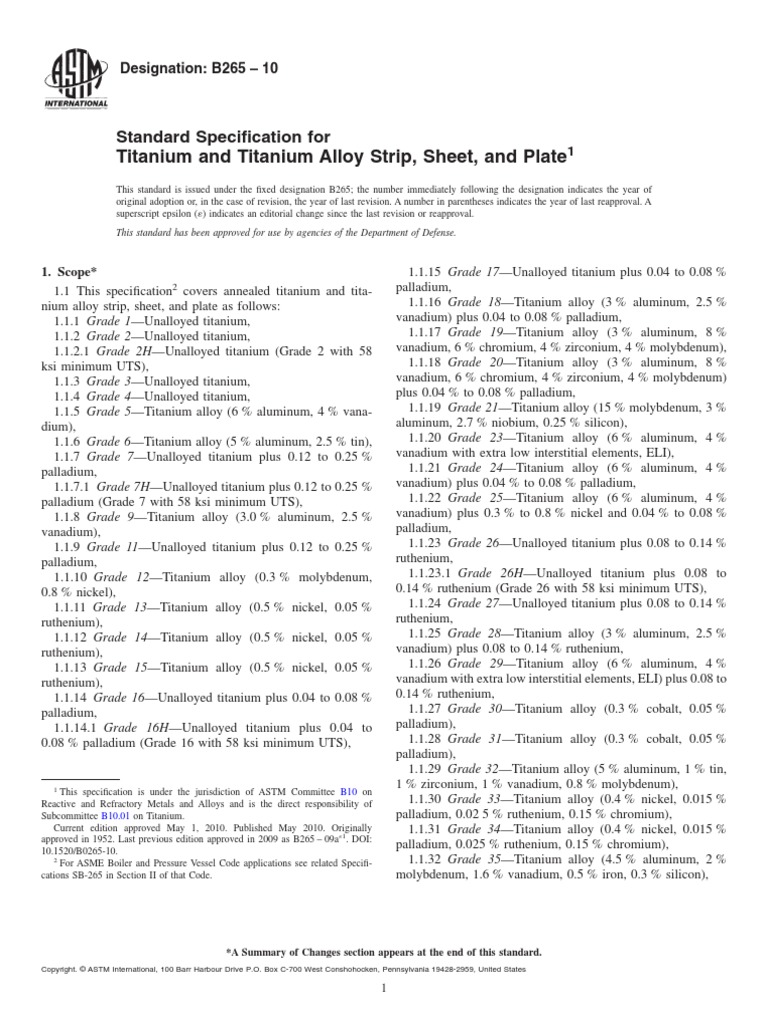 Astm B 265-2010 | PDF | Titanium | Alloy