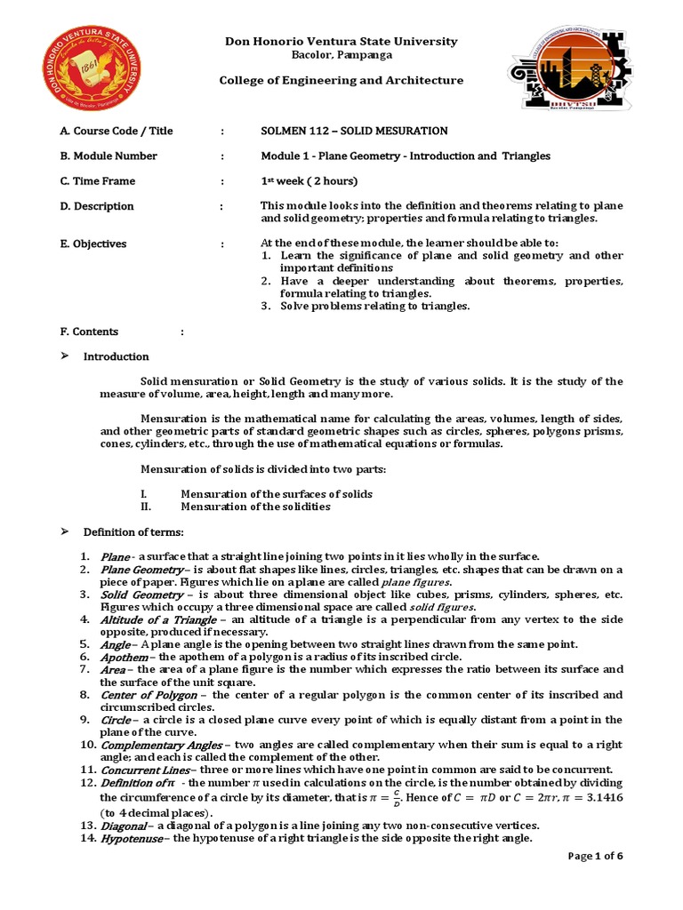 SOLMEN 112- Module 1-Introduction and Triangles | PDF | Triangle ...