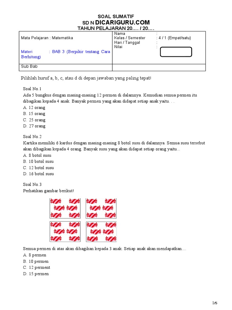 Soal Sumatif MTK KLS 4 Bab 3 | PDF | Metode & Bahan Ajar | Seni