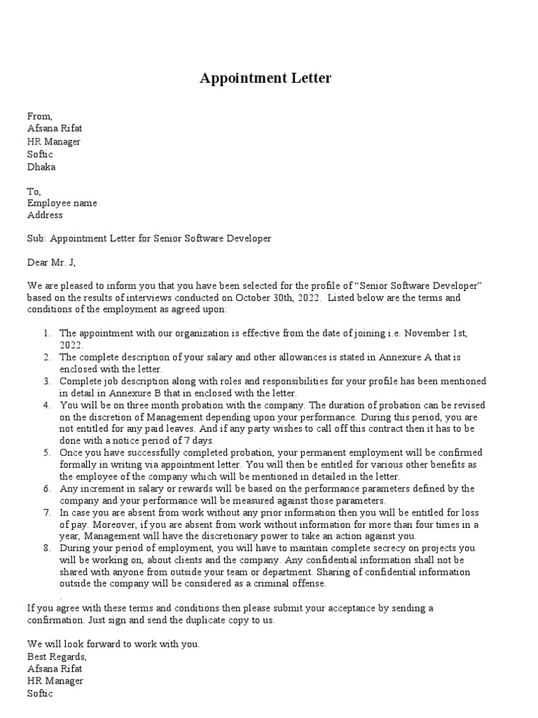 Private Company Appointment Letter Format | PDF | Employment | Salary