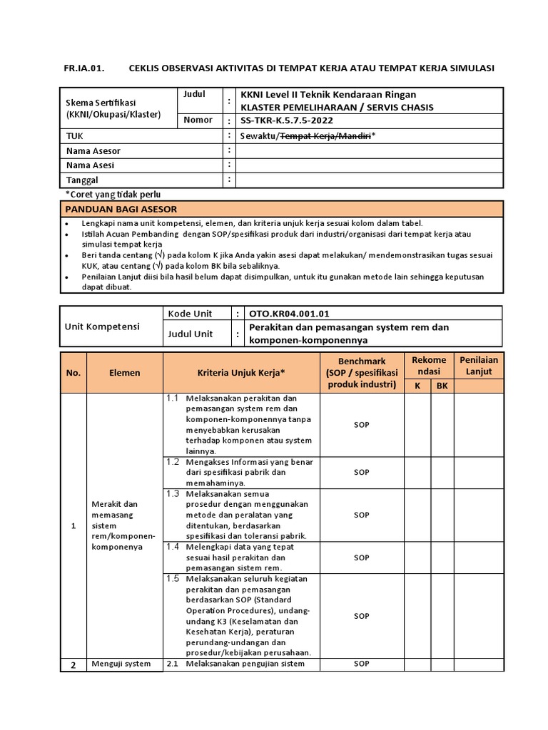Ceklis Observasi Teknik Kendaraan | PDF | Teknologi & Rekayasa