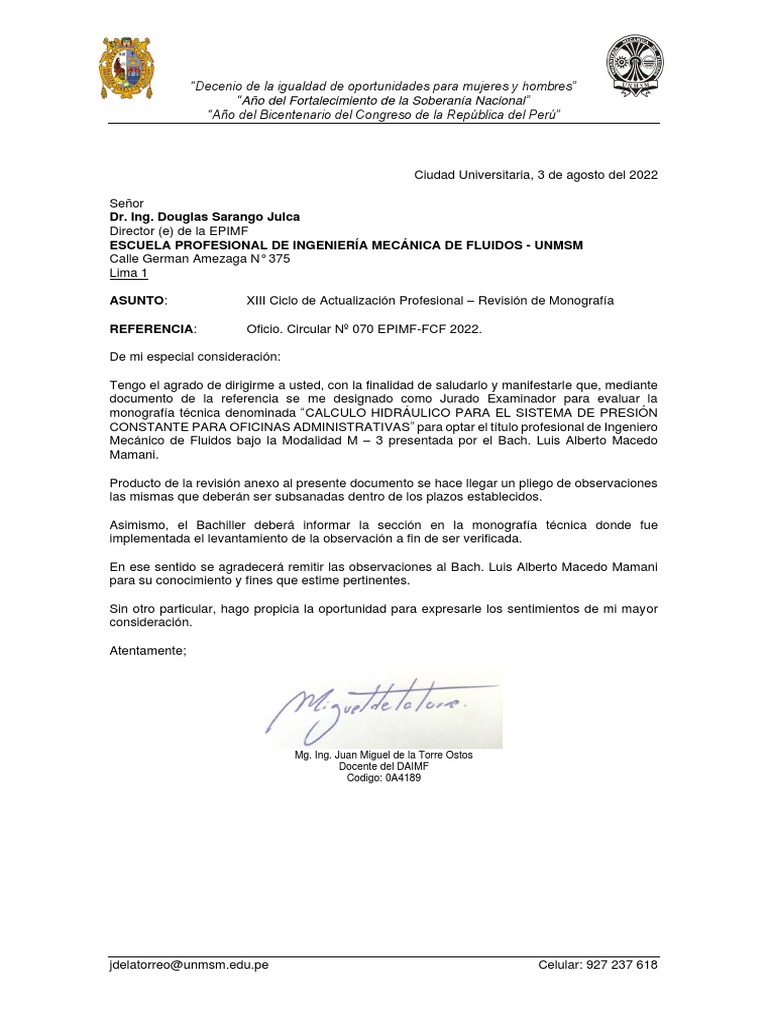 Carta Rta 1 Luis Alberto Macedo Mamani-De LA TORRE | PDF