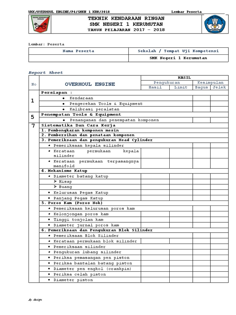 Overhaul Mesin SMK 1 Kerumutan 2018 | PDF