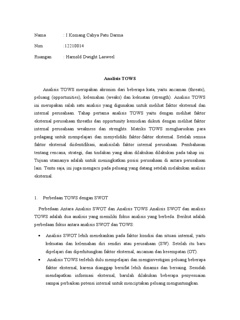Analisis TOWS: Strategi dan Contoh | PDF | Karier & Perkembangan | Bisnis