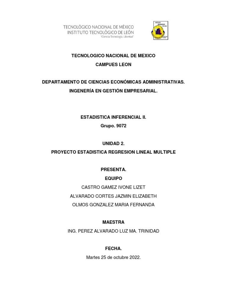 PROYECTO Regresion Lineal Multiple | PDF | Coeficiente de determinación | Métodos de búsqueda