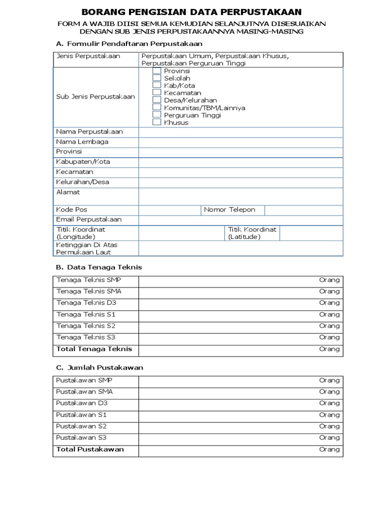 Borang Pengisian Data Perpustakaan - Ok | PDF