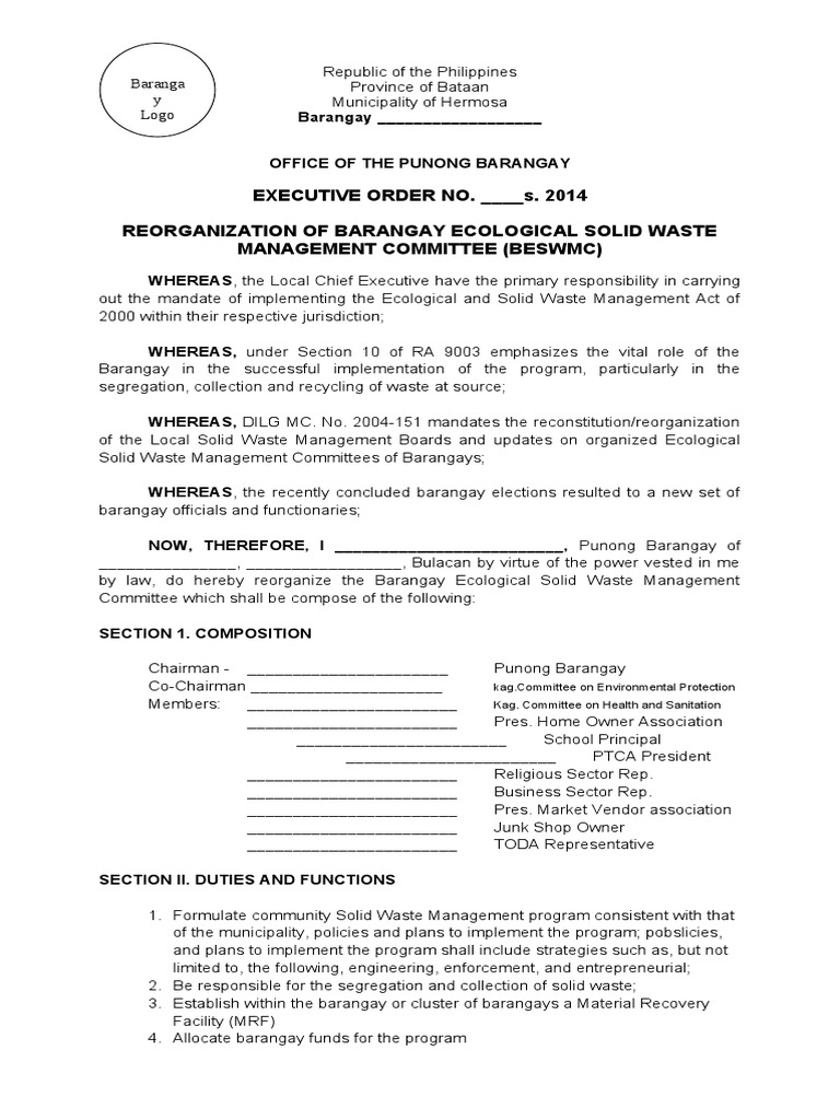 Executive Order Beswmc | PDF | Waste Management | Municipal Solid Waste