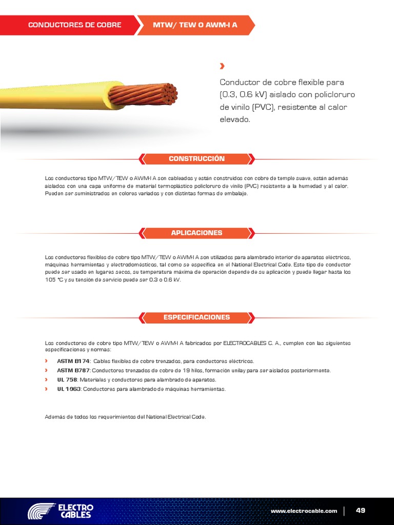 Conductores MTW/TEW: Especificaciones | PDF | Cobre | Ingenieria Eléctrica