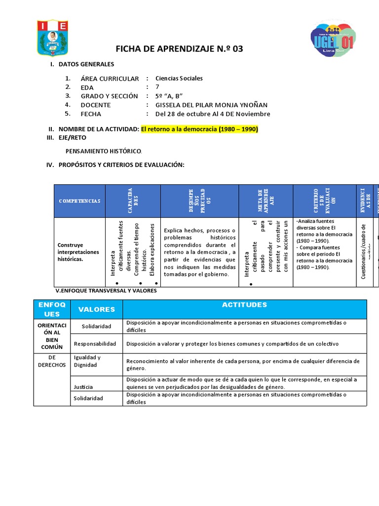 Ficha de Aprendizaje N 3 Sa 5to | PDF | Evaluación | Modificación de comportamiento