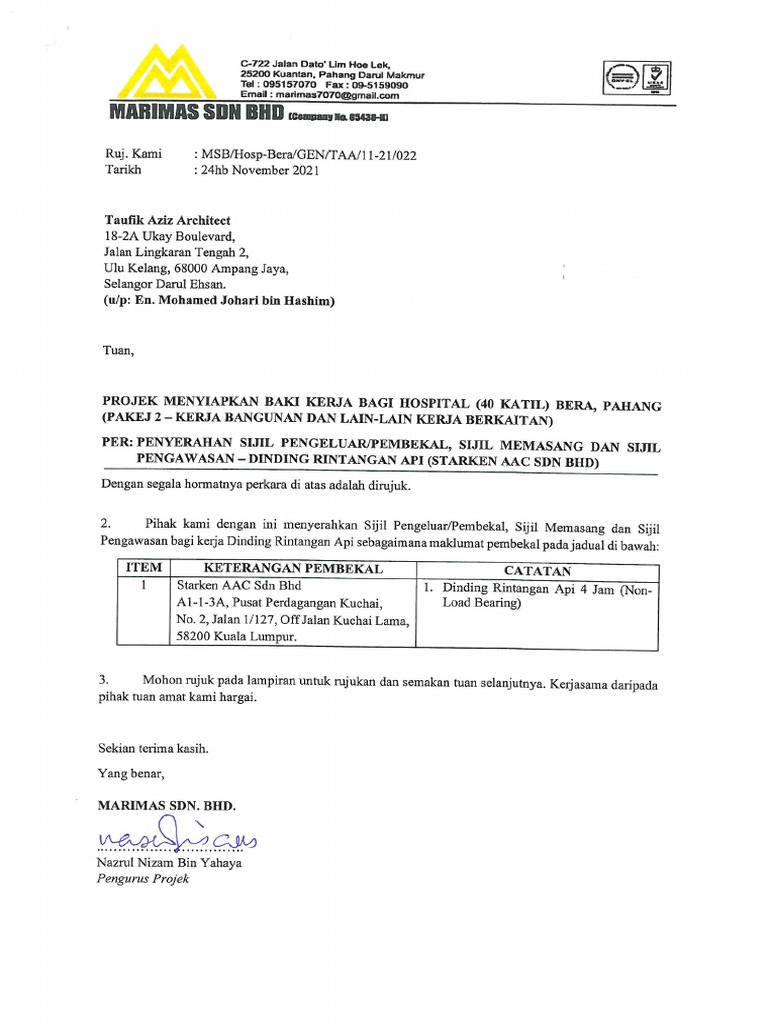 Ltr-Taa-022 Penyerahan Borang C1, C2 & C3 Bagi Dinding Rintangan Api ...
