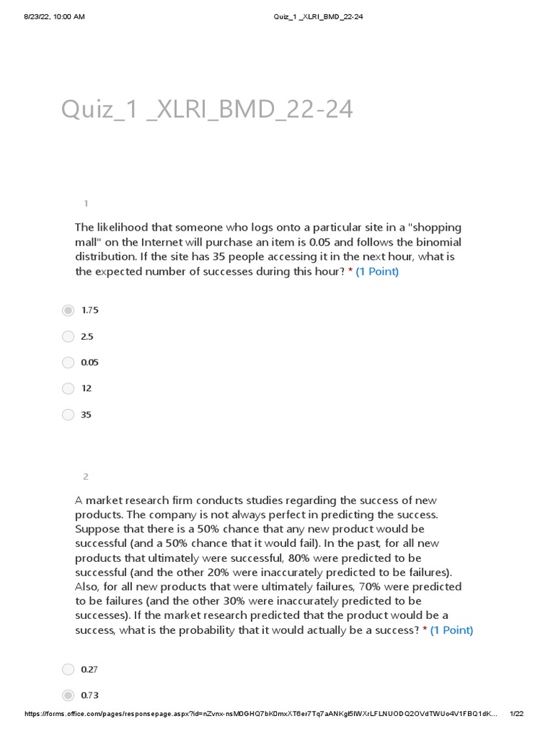 Quiz - 1 - XLRI - BMD - 22-24 | PDF | Probability Distribution | Sampling (Statistics)