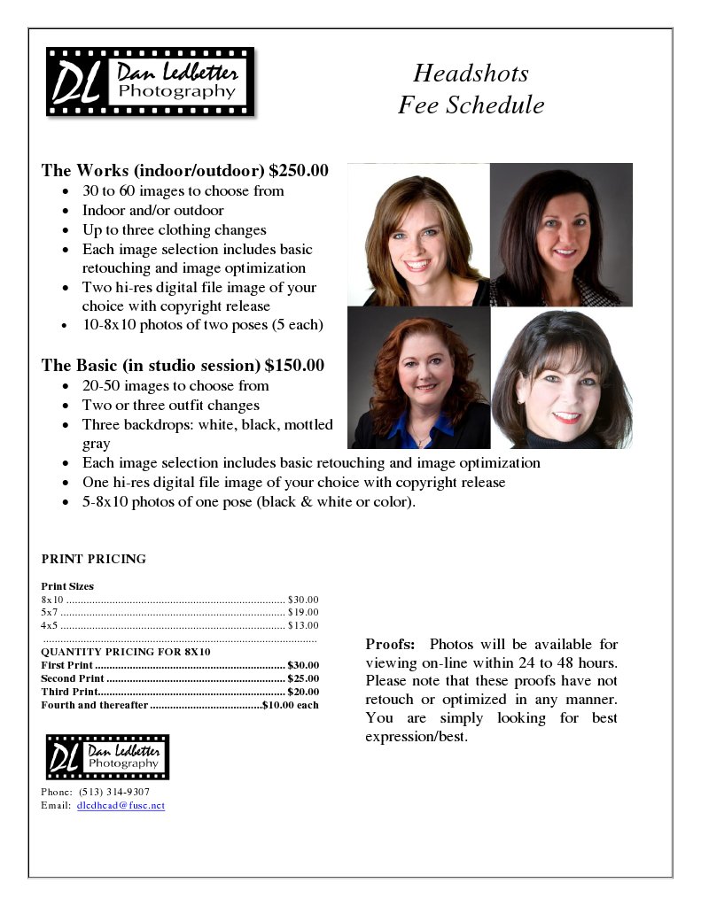 Headshot Photography Fee Schedule | PDF | Teaching Methods & Materials