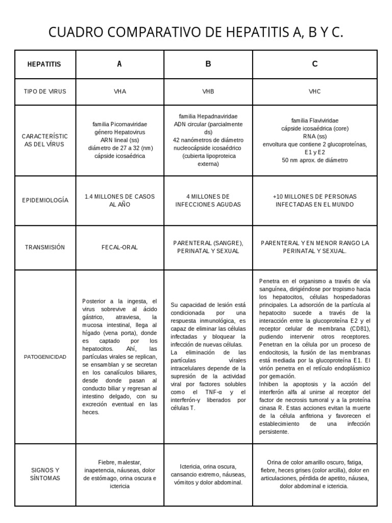 Tipos y características de hepatitis A, B y C | PDF | Hepatitis | Virus