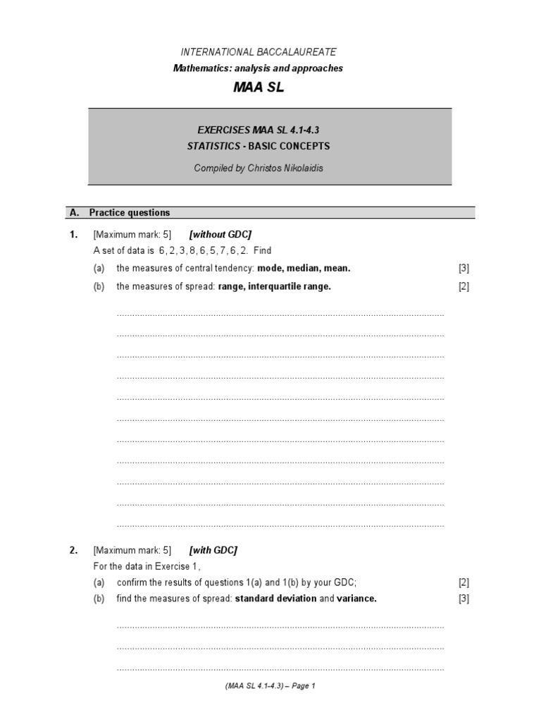IB MAA SL Statistics Exercises | PDF | Mode (Statistics) | Statistical ...