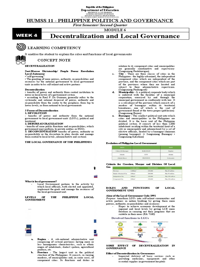 PPG Q2 Week 4 Module 9 Decentralization and Local Governance | PDF | Devolution | Governance