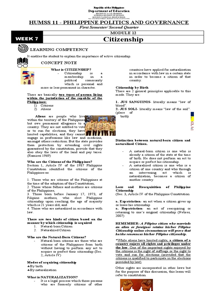 PPG Q2 Week 7 Module 12 Citizenship | PDF | Citizenship | Naturalization