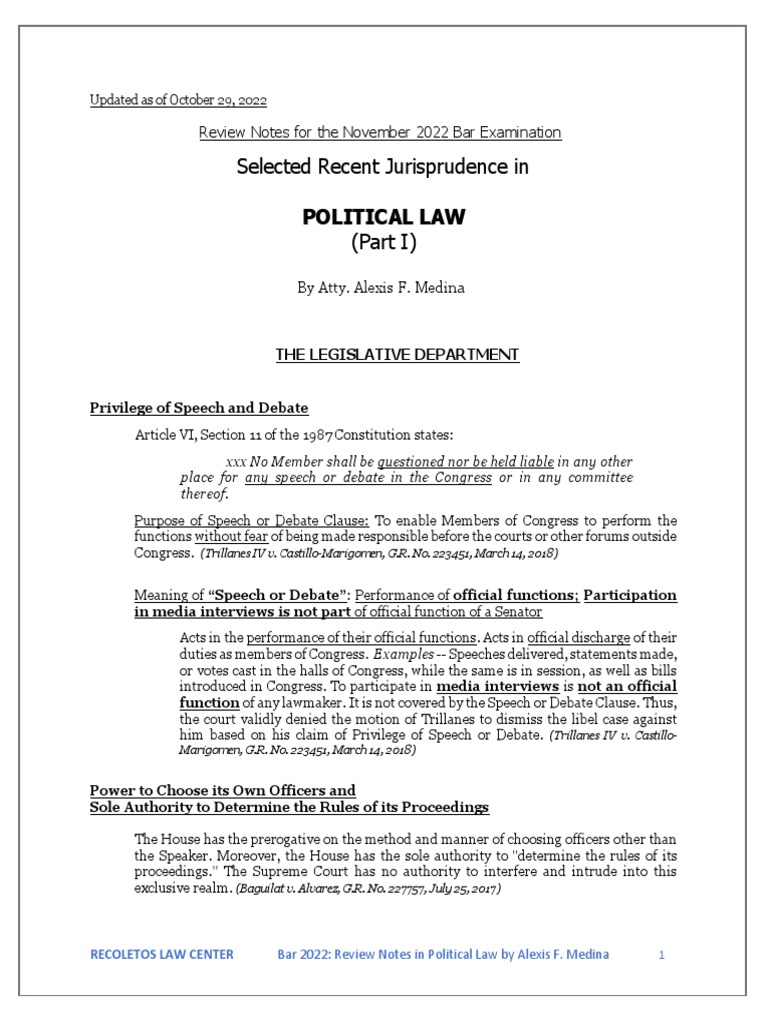 Bar 2022 - Political Law Part I - by Alexis F. Medina - Recoletos Law Center v3 | PDF | Standing ...
