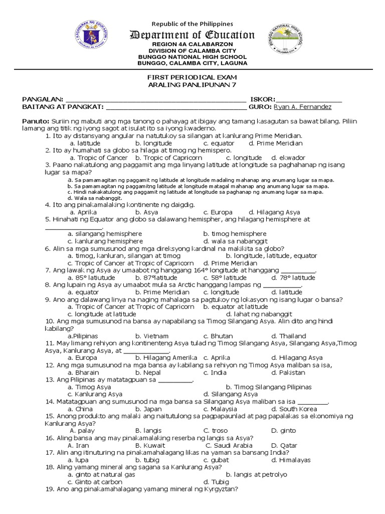 Sample Exam Grade 7 | PDF