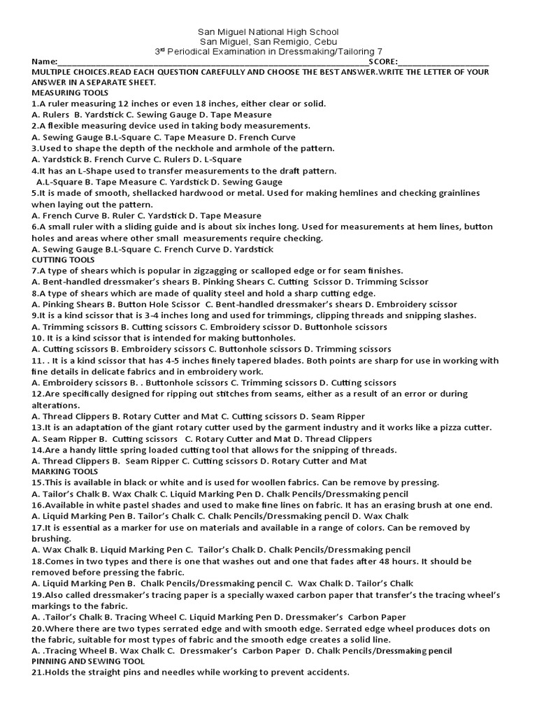 TQ Tle 7 Dressmaking 3RD Quarter | PDF | Sewing | Sewing Machine