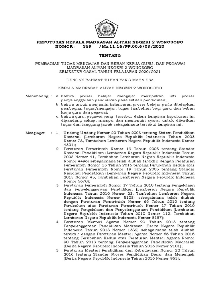 SK Pembagian Tugas Mengajar - Konsideran | PDF