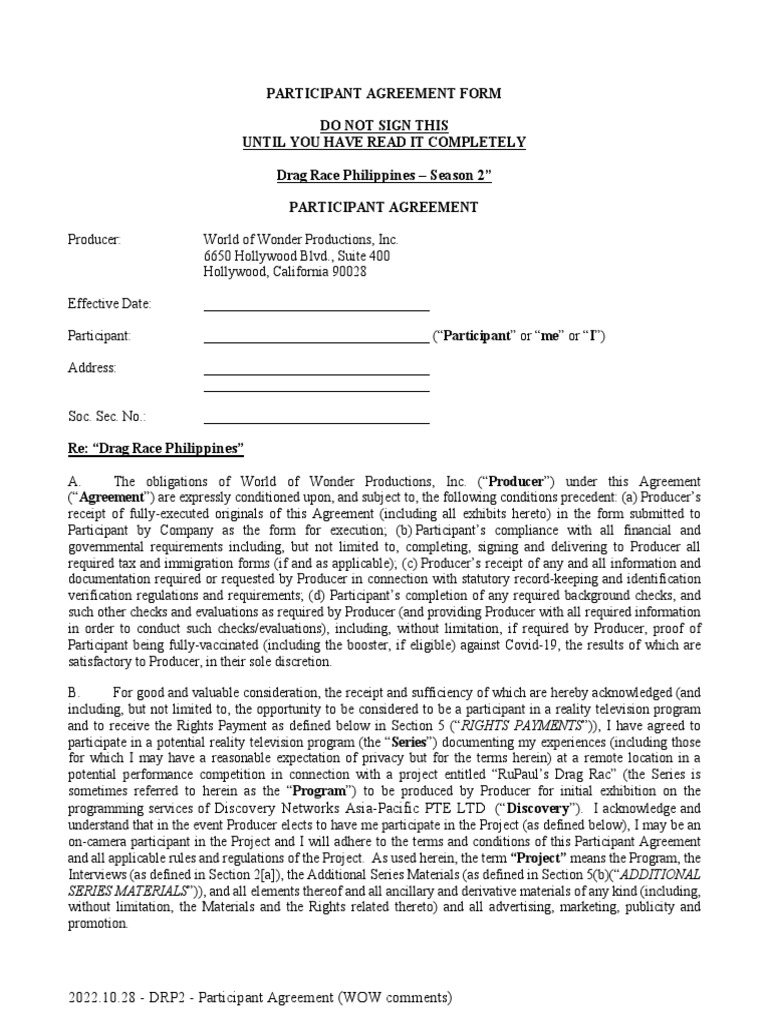 Drag Race Philippines S2 - Participant Agreement - FINAL | PDF | Treaty ...