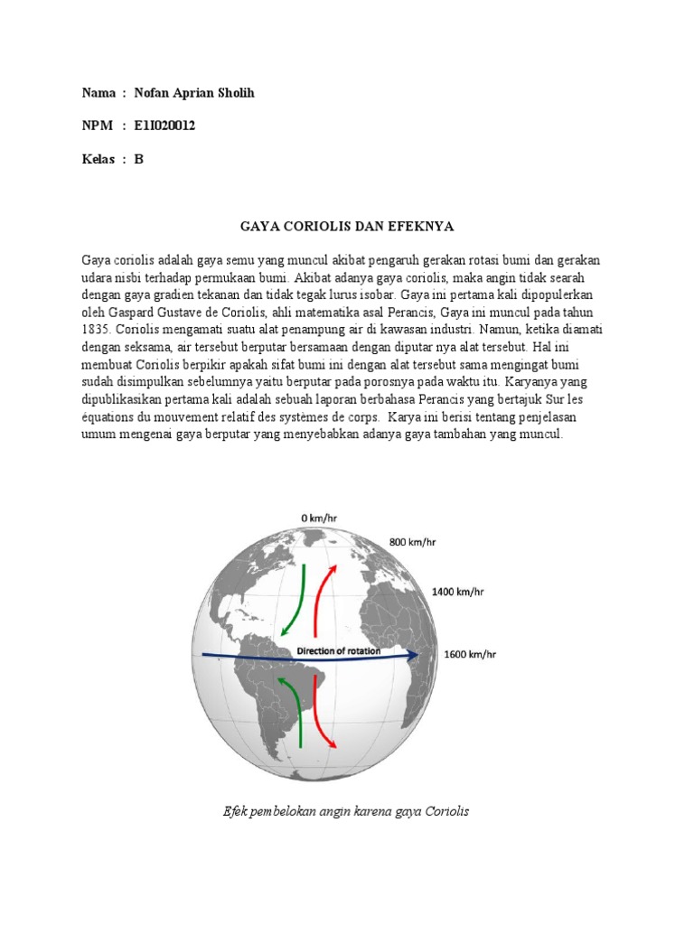 Nama: Nofan Aprian Sholih NPM: E1I020012 Kelas: B: Efek Pembelokan Angin Karena Gaya Coriolis | PDF
