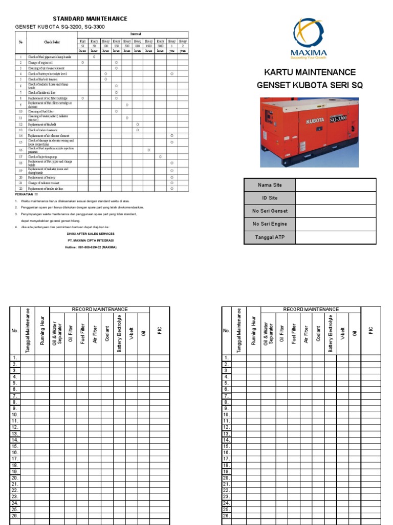 Kartu Maintenance Genset Kubota SQ | PDF