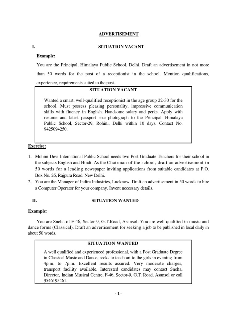 Xii W.S. Advertisement Examples, Exercise | PDF