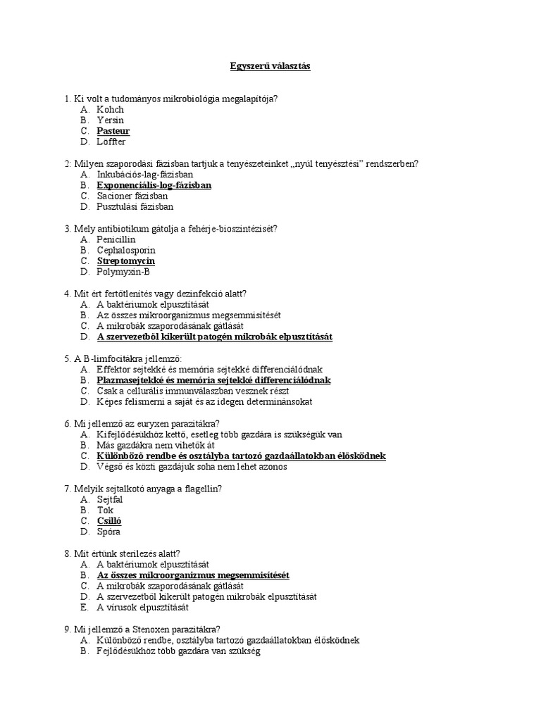 Mikrobiológia tesztek word | PDF