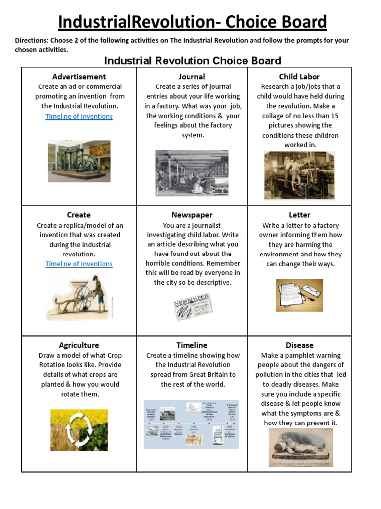 Industrial Revolution Choice Board | PDF | Industrial Revolution
