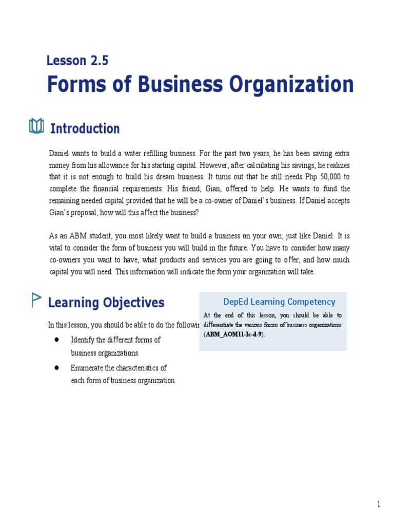 Lesson 2.5 Forms of Business Organization | PDF | Partnership | Sole ...