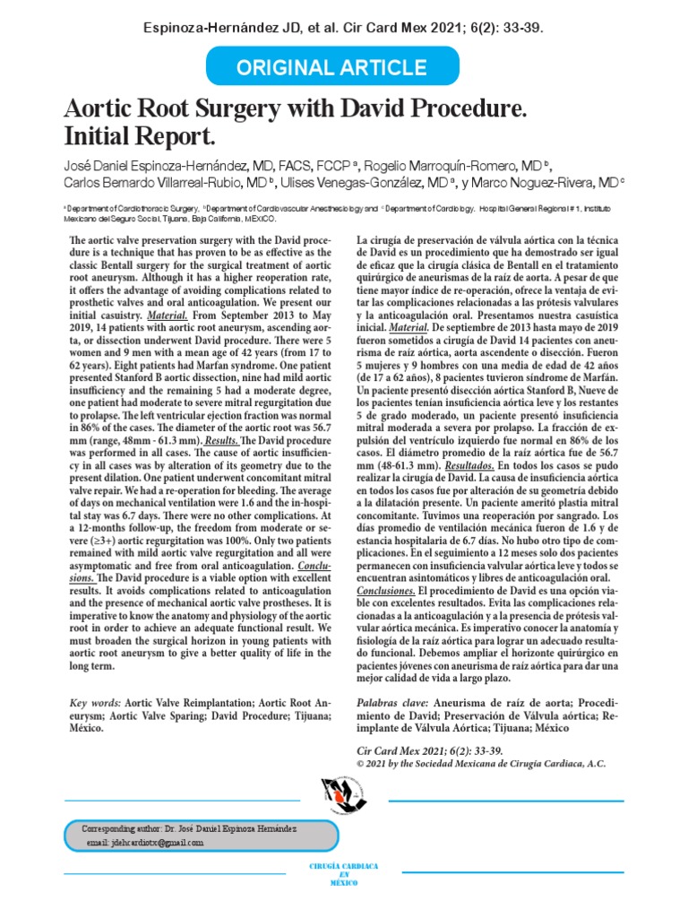 Aortic Root Surgery With David Procedure-Initial Report. | PDF | Heart ...