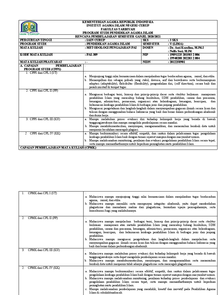 Ganjil 2022-2023 RPS Metodologi Pengajaran Pai | PDF | Seni | Sains & Matematika