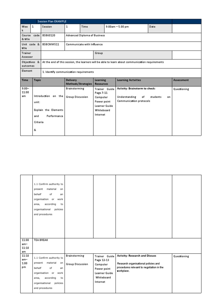 BSBCMM511 - Session Plan - Week 1SAMPLEONLY | PDF | Brainstorming | Learning