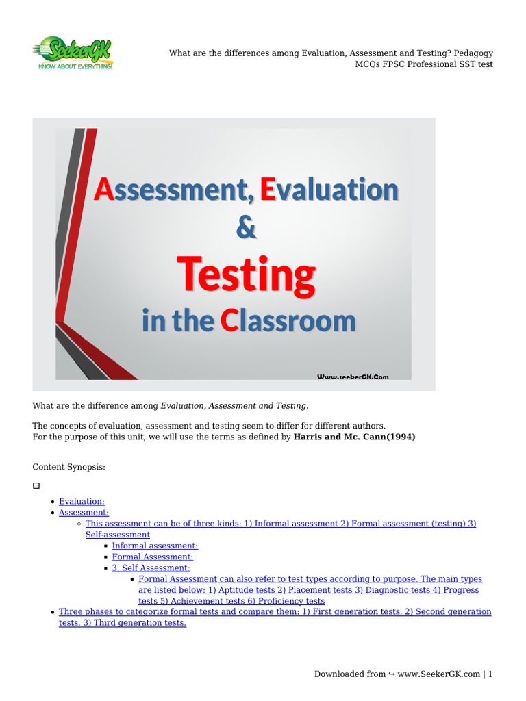 Differences Between Evaluation, Assessment, Testing | PDF | Educational ...