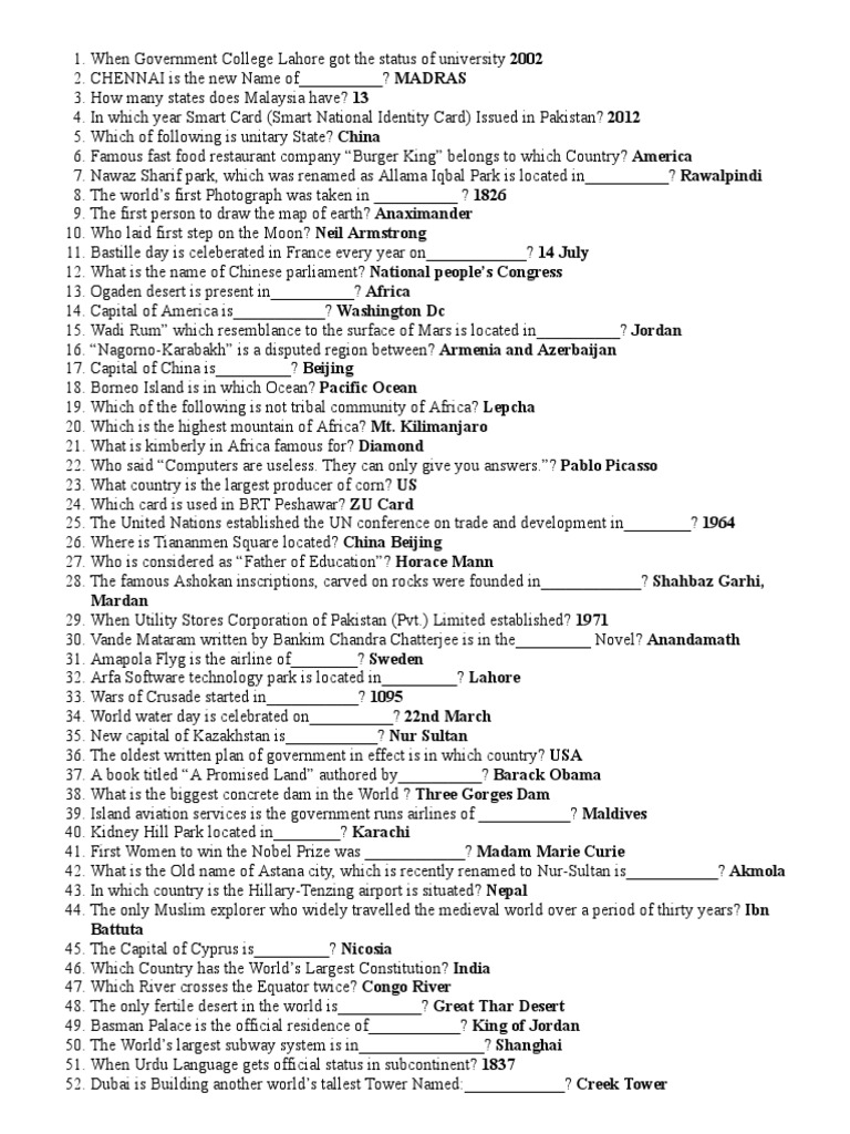 General Knowledge Quiz Insights | PDF | Pakistan
