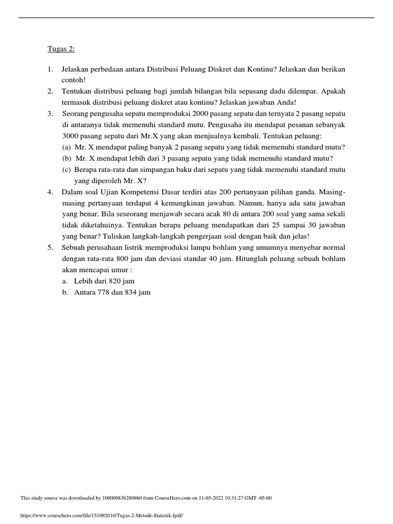 Tugas 2 Metode Statistik I PDF | PDF