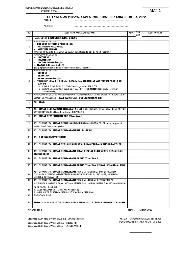 Lembar Ceklist Map Bintara Ptu 2022 Rikmin Oke | PDF