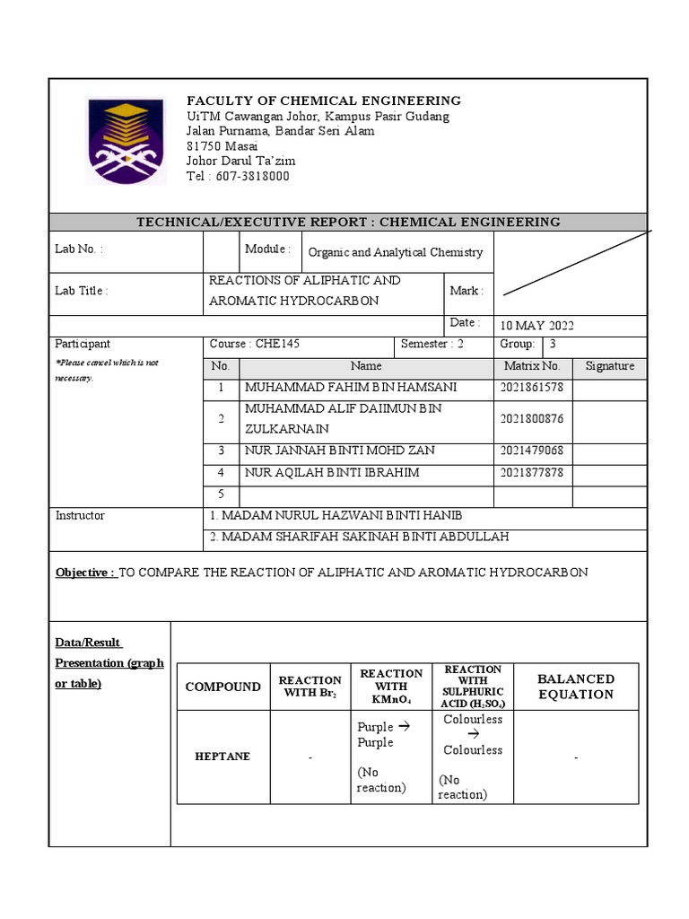 Lab Report Experiment 2 - CHE145 | PDF | Alkene | Alkane
