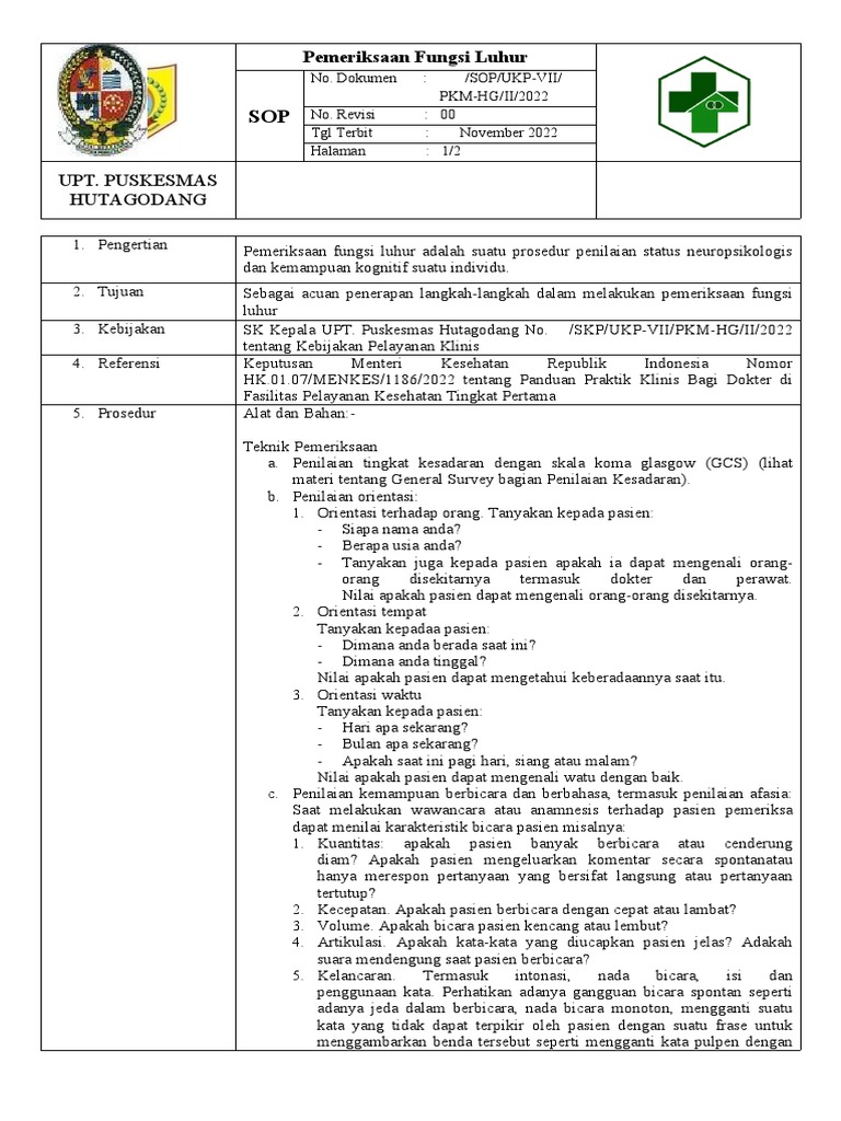 3.2.1 SOP Pemeriksaan Fungsi Luhur | PDF